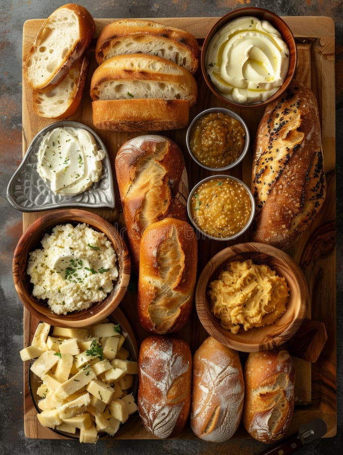 Assorted Bread and Cheese Platter with Spreads on a Wooden Board Stock ...