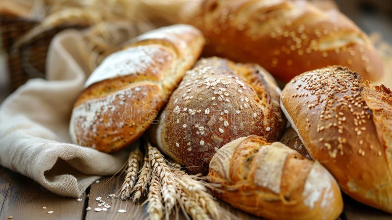 Close Up of Various Loaves of Bread on a Table Stock Photo - Image of ...