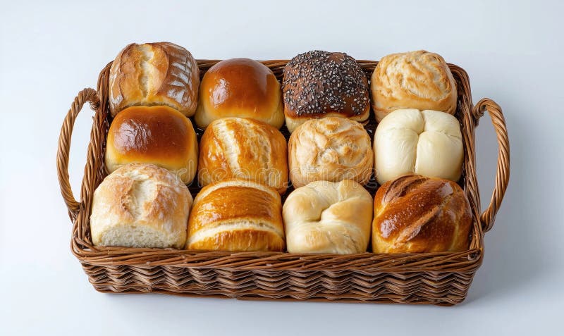 Assorted Bread Rolls in Wicker Basket, Featuring Various Shapes and Textures, Including Soft ...
