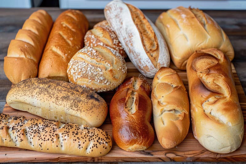 Assorted Bread Types on Wooden Table Stock Illustration - Illustration ...