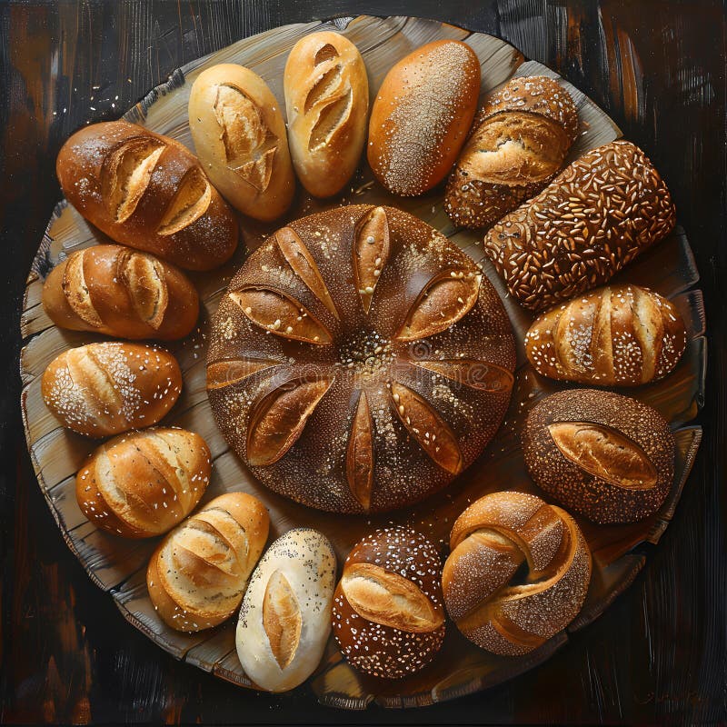 Assorted Bread Varieties Displayed on a Rustic Wooden Plate Stock Image ...