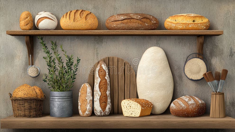 Assorted Bread Varieties Displayed on a Rustic Wooden Shelf with Herbs ...