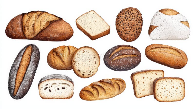 Assorted Bread Varieties on White Isolated Background Stock ...