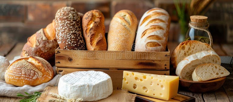 Assorted Breads and Cheeses on Table Stock Image - Image of ...