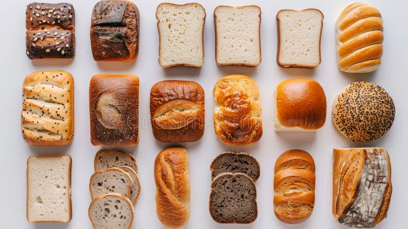 Assorted Breads Flat Lay in Minimalist Style on White Surface Stock ...