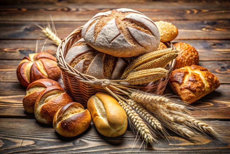 Assorted Breads and Wheat Ears on Wooden Table Stock Illustration ...