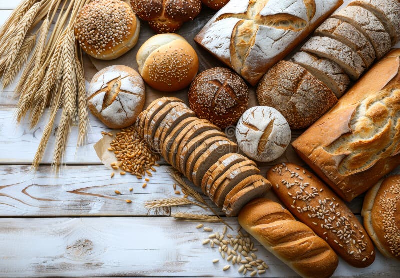 Assorted Breads and Wheat on Rustic Wooden Surface Stock Image - Image ...