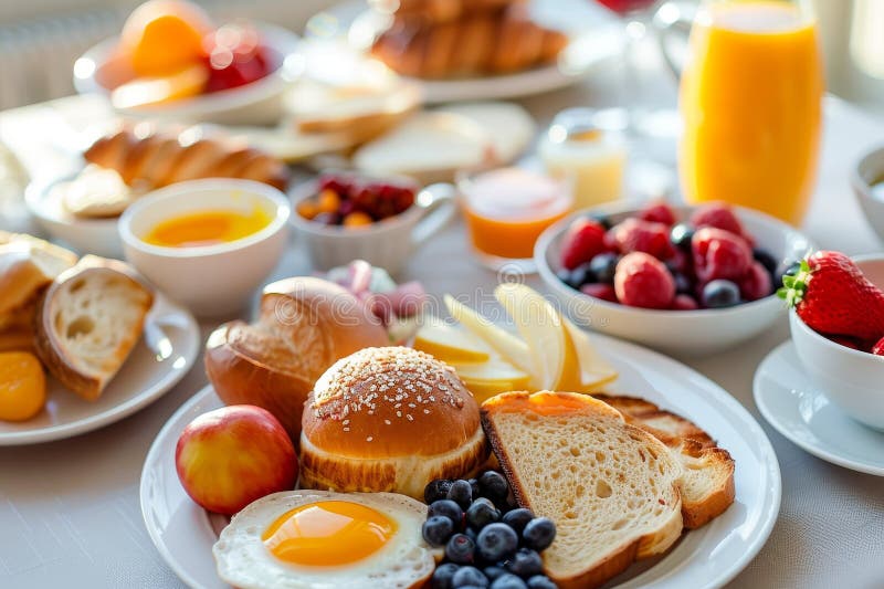 Assorted Breakfast Foods Spread on Bright Kitchen Table for a Delicious ...