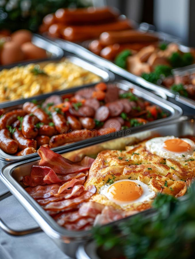 Assorted Breakfast Items Including Eggs, Bacon, and Sausage in a Buffet ...