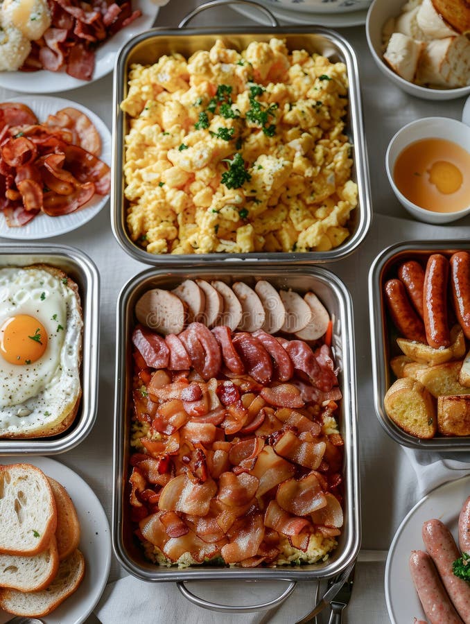 Assorted Breakfast Items Including Eggs, Bacon, and Sausages. Stock ...
