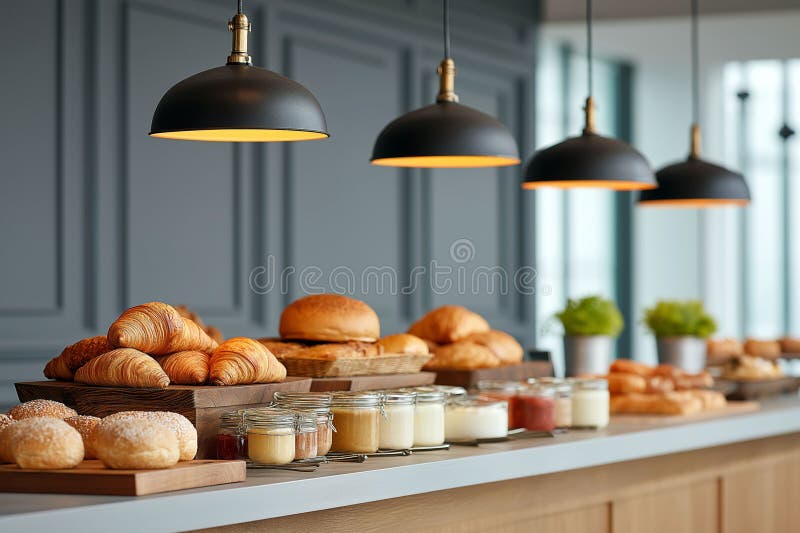Assorted Breakfast Pastries and Bread with Jars of Jam and Cream on ...