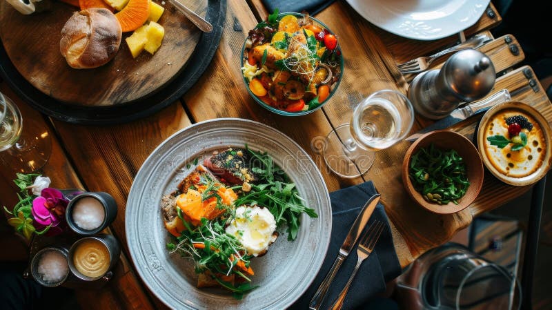 An Assorted Brunch Table with Sandwiches, Salads, and Pastries in a ...