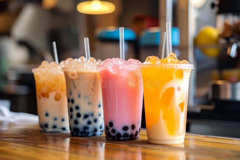 Assorted Bubble Tea Collection on Counter Stock Photo - Image of cups ...