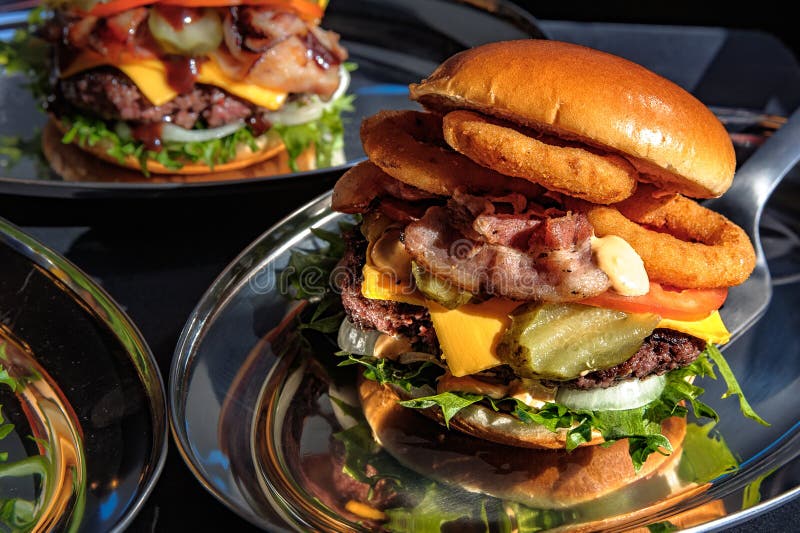Assorted Burgers on a Metal Plates Stock Image - Image of beef ...