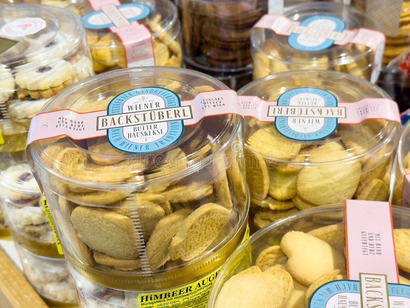 Assorted Butter Cookies in Clear Containers at a Bakery Display ...