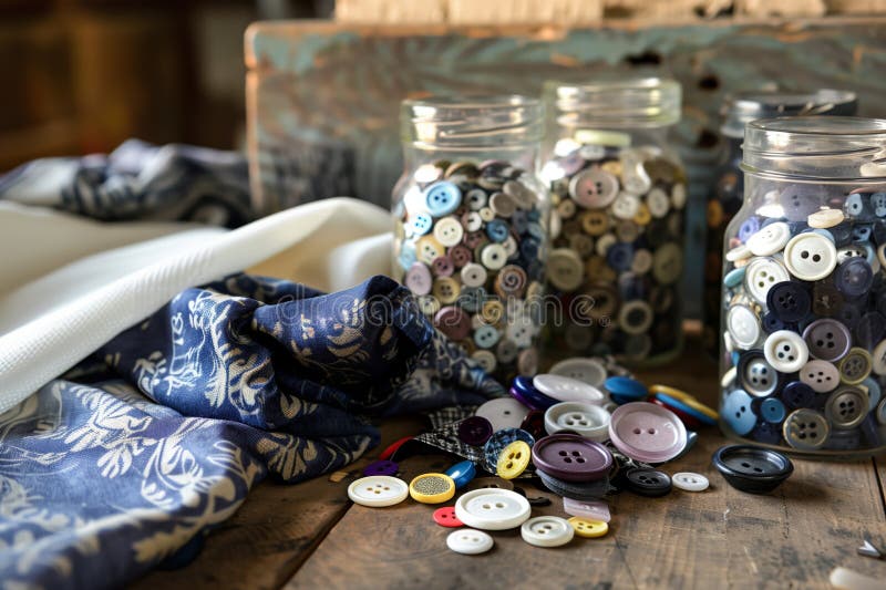 Assorted Button Jars Next To Fabric on Workbench Stock Photo - Image of ...