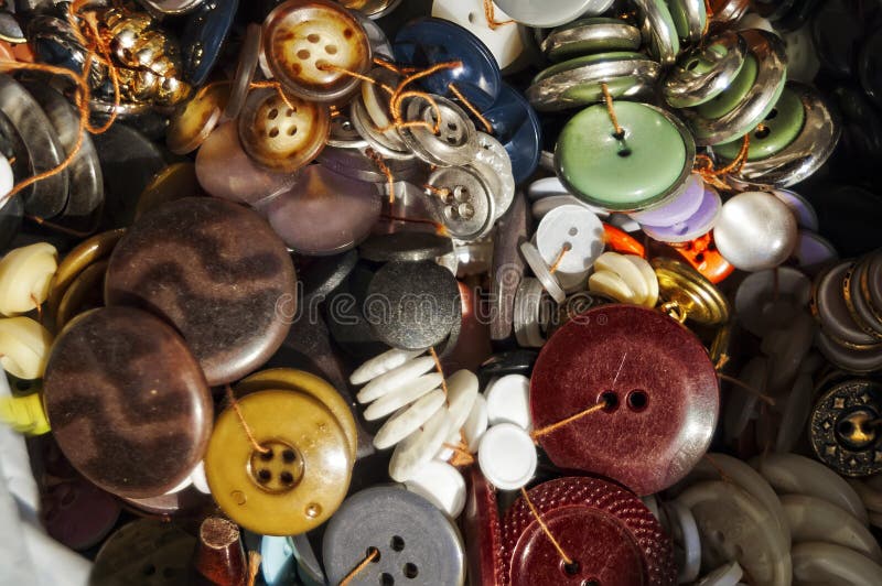 Assorted Buttons. Different In Color, Mostly Plastic, Some Wooden. Pile ...