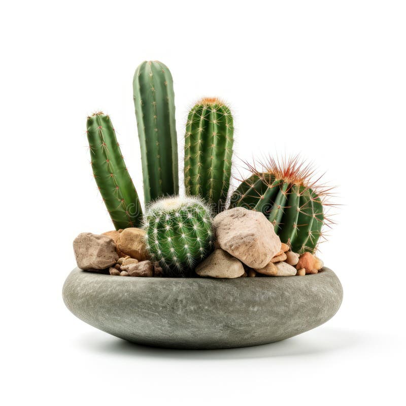 Assorted Cacti Collection in a Stone Pot. Isolated on Background Stock ...