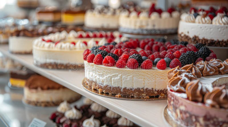 Assorted Cakes with Berries on Display in a Bakery. Stock Photo - Image ...