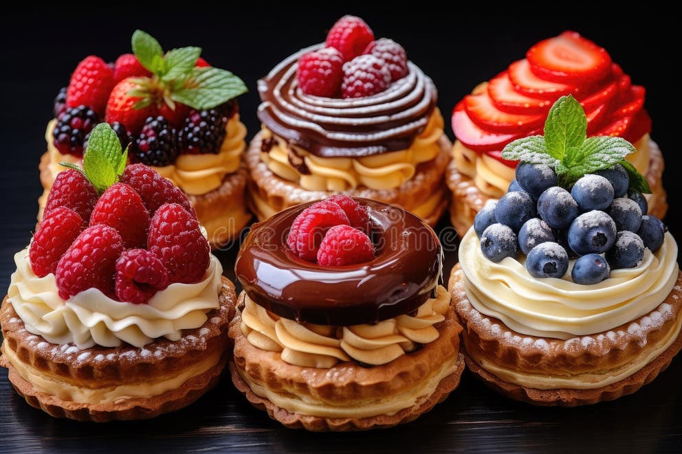 Assorted Cakes with Cream, Chocolate and Berries Dessert Assorted ...