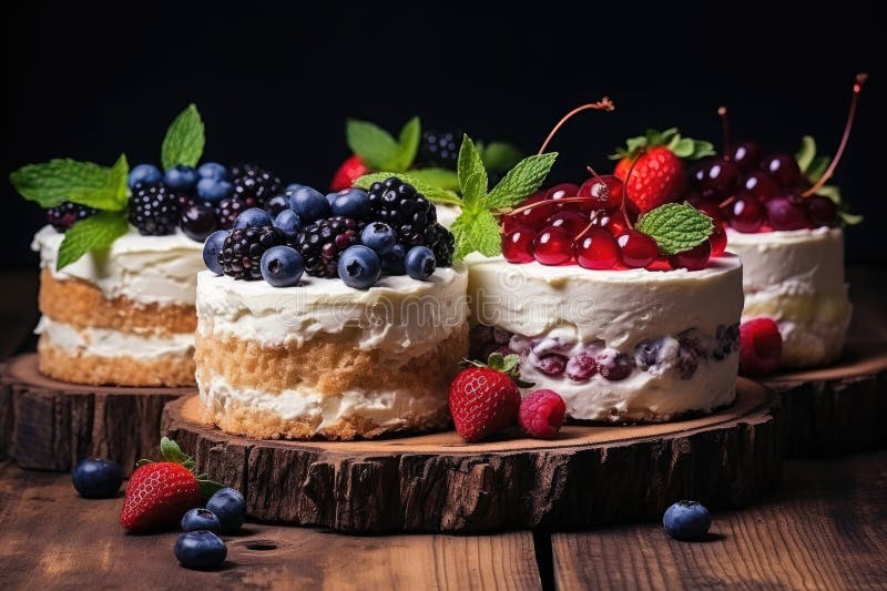 Assorted Cakes with Cream, Chocolate and Berries Dessert Assorted ...
