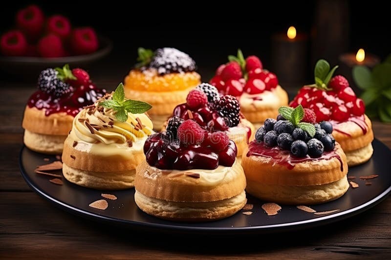 Assorted Cakes with Cream, Chocolate and Berries Dessert Assorted ...