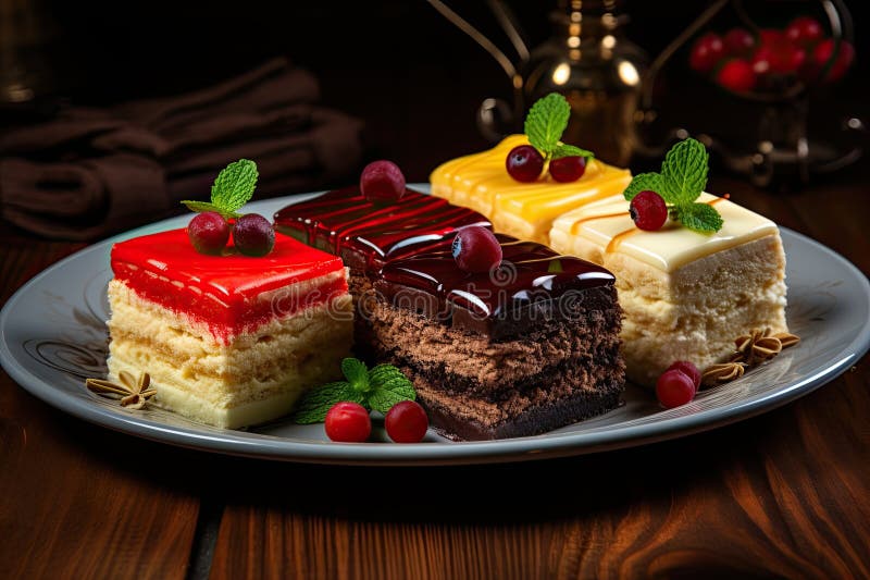 Assorted Cakes with Cream, Chocolate and Berries Dessert Assorted ...