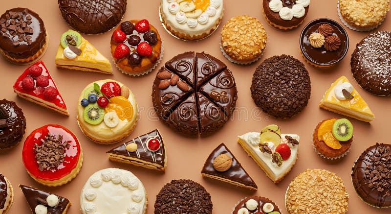 Assorted Cakes and Pastries on Brown Background Stock Illustration ...