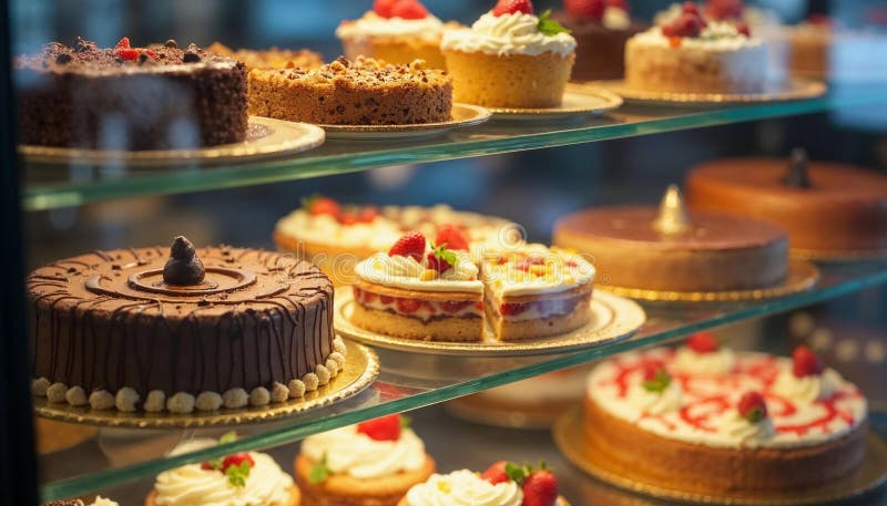 Assorted Cakes and Pastries Displayed in a Bakery Showcase Stock ...
