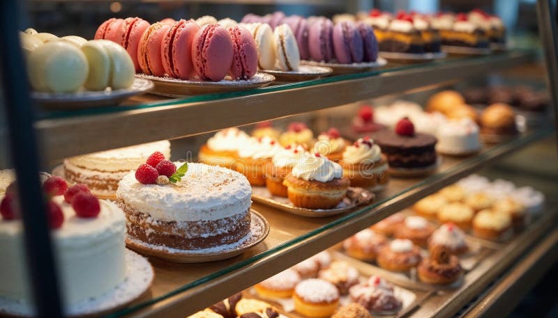 Assorted Cakes and Pastries Displayed in a Bakery Showcase Stock ...