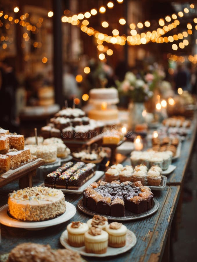 Assorted Cakes and Pastries on Rustic Wooden Table with Warm Lighting ...