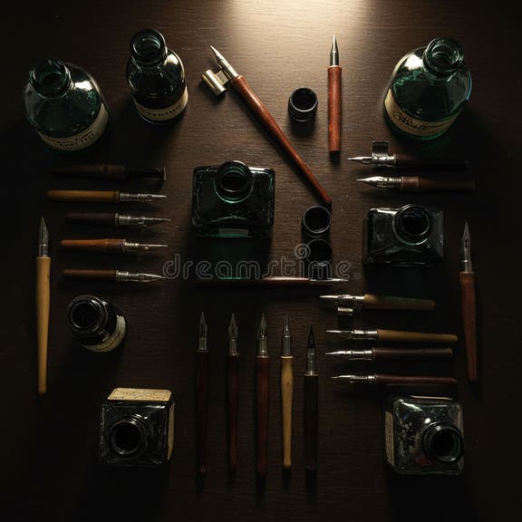 Assorted Calligraphy Tools are Arranged on a Dark Wooden Surface. There ...
