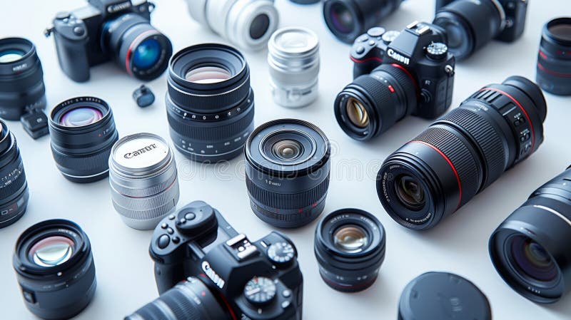 Assorted Cameras and Lenses on Table for Photography Stock Image ...