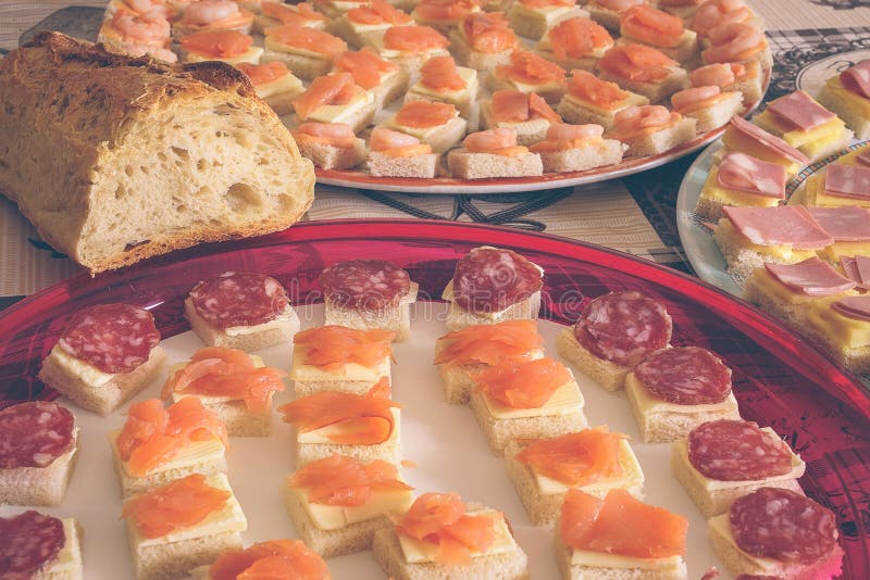 Assorted Canapes Appetizers and Bread Stock Photo - Image of mortadella ...