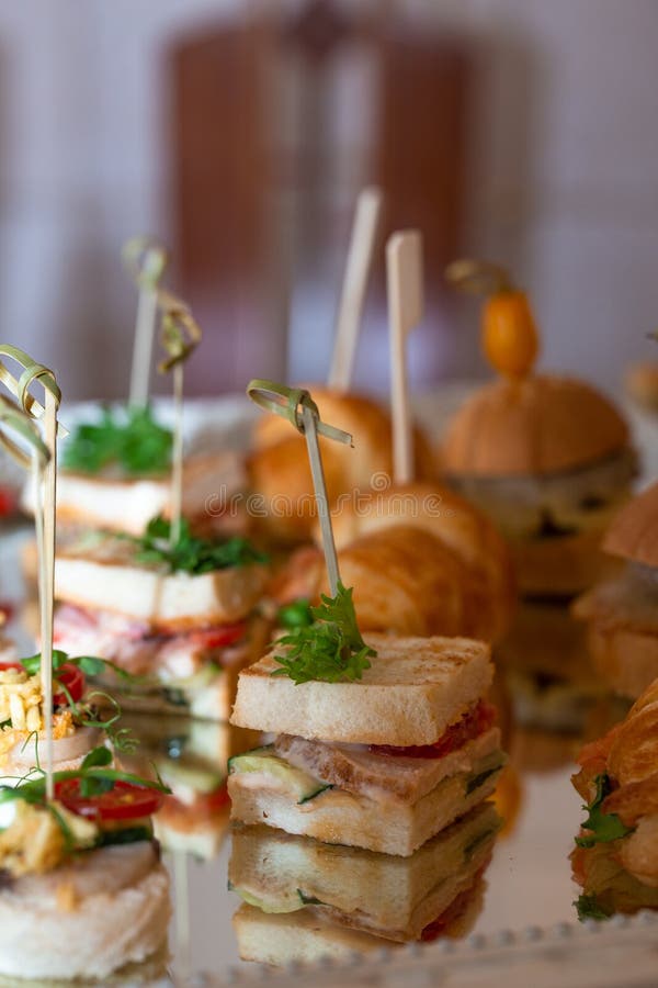 Assorted Canapes on a Glass Tray on a Buffet Table Stock Photo - Image ...