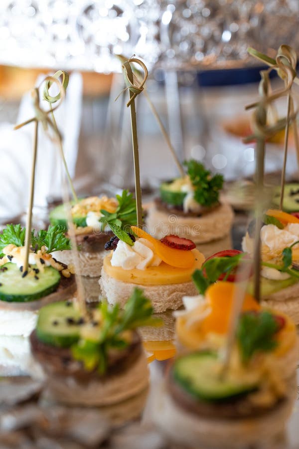 Assorted Canapes on a Glass Tray on a Buffet Table Stock Image - Image ...