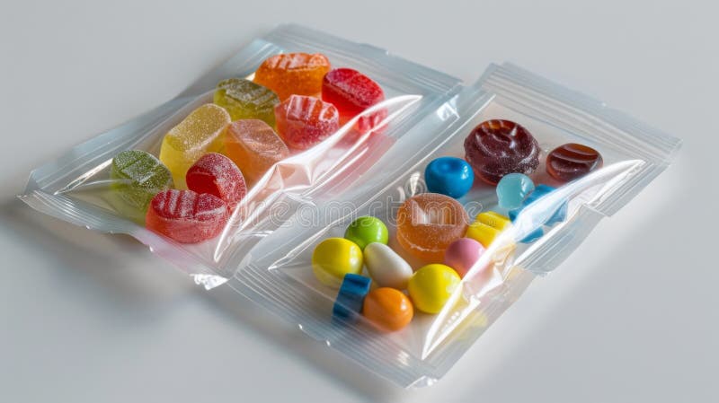 Assorted Candies in Transparent Packaging on White Background Stock ...