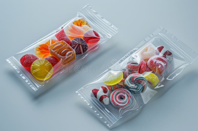 Assorted Candies in Transparent Packaging on White Background Stock ...