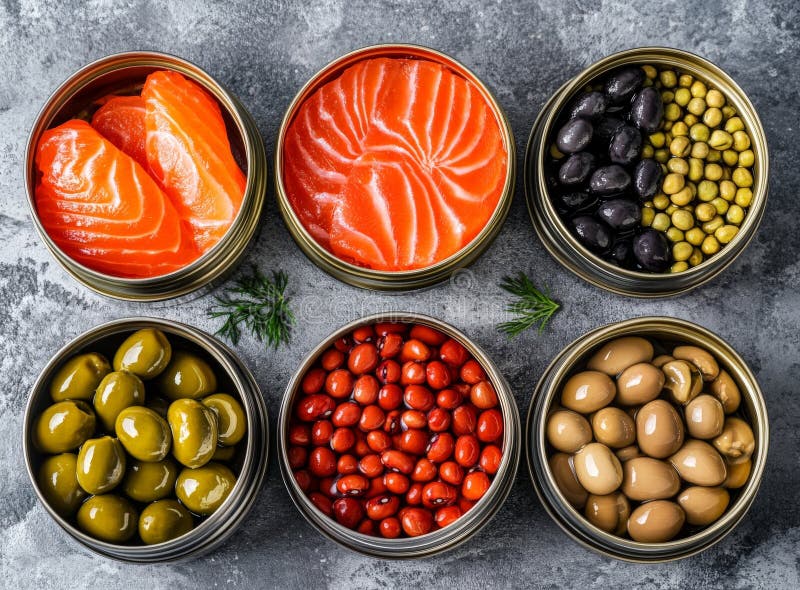 Assorted Canned Goods Featuring Salmon, Olives, and Peas on Textured ...