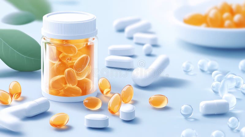 Assorted Capsules and Tablets in a Jar Stock Illustration ...