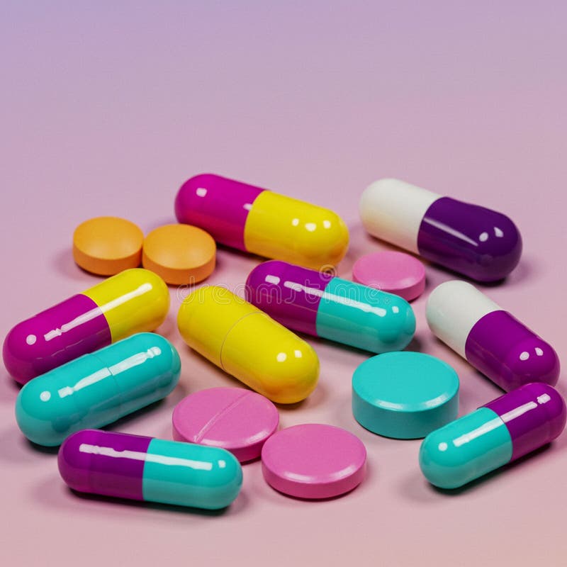 Assorted Capsules and Tablets in Vibrant Colors are Scattered on a ...