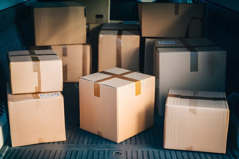 Assorted Cardboard Boxes in Vehicle, Various Sizes and Labels, with ...