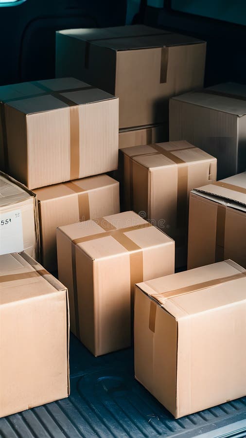 Assorted Cardboard Boxes in Vehicle, Various Sizes and Labels, with ...