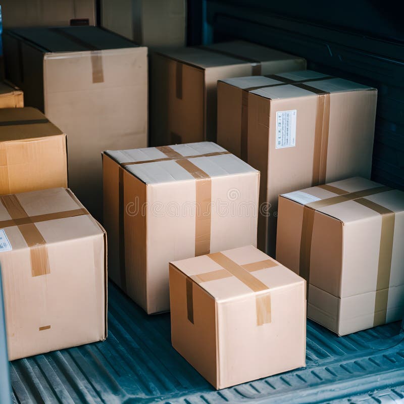 Assorted Cardboard Boxes in Vehicle, Various Sizes and Labels, with ...