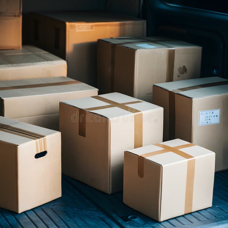 Assorted Cardboard Boxes in Vehicle, Various Sizes and Labels, with ...