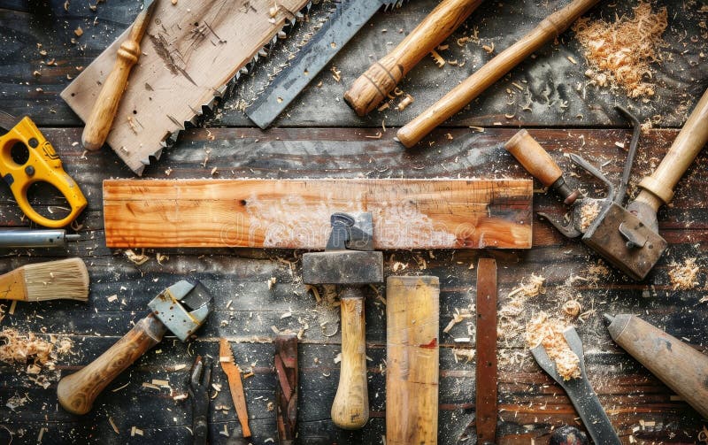 Assorted Carpentry and Woodworking Tools Scattered on a Wooden ...