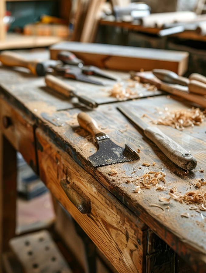 Assorted Carpentry and Woodworking Tools Scattered on a Wooden ...