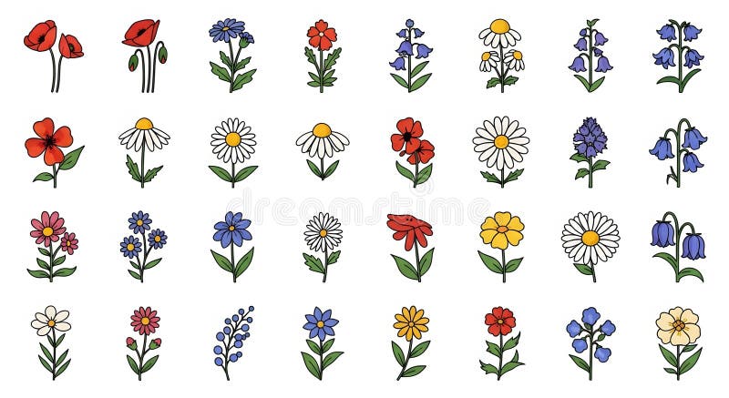 Assorted Cartoon Flower Illustrations on White Background, Ai Generated ...
