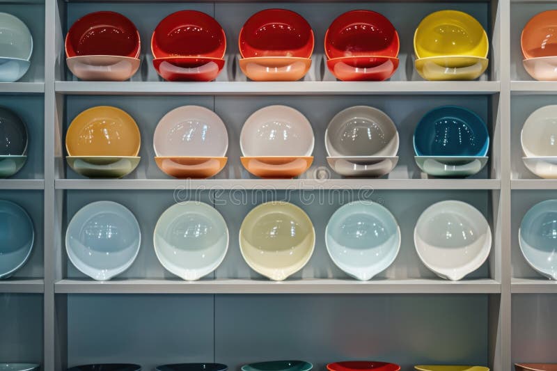 Assorted Ceramic Bowls in Various Colors and Shapes on a Shelf Stock ...