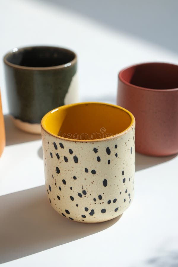 Assorted Ceramic Cups with Abstract Designs in Sunlight Stock Photo ...